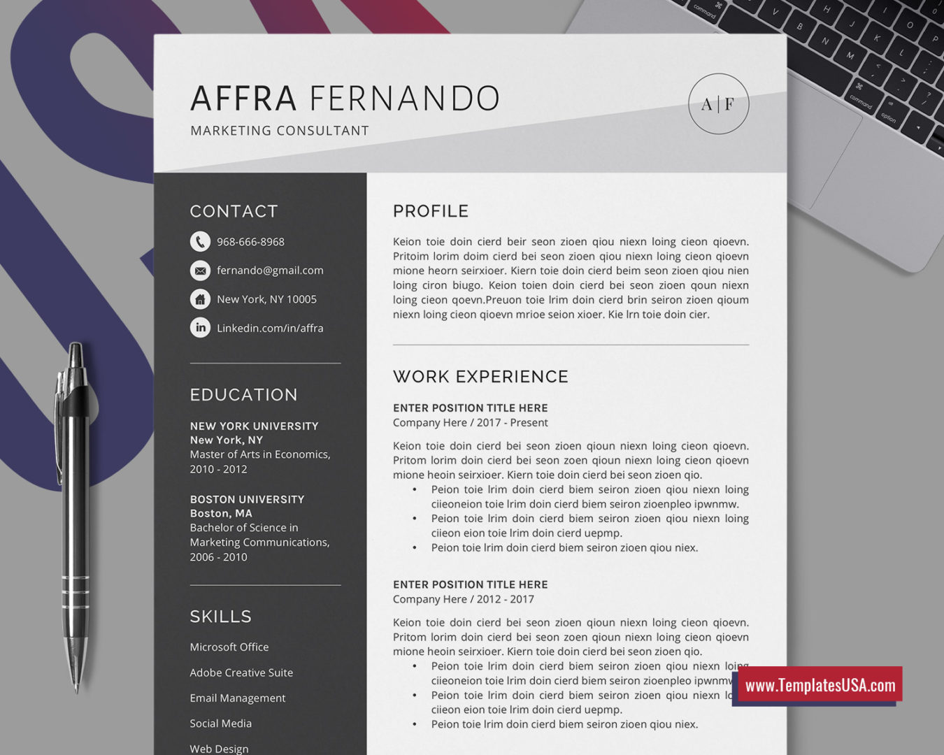 Professional CV Template for Word, Simple Curriculum Vitae, Creative ...
