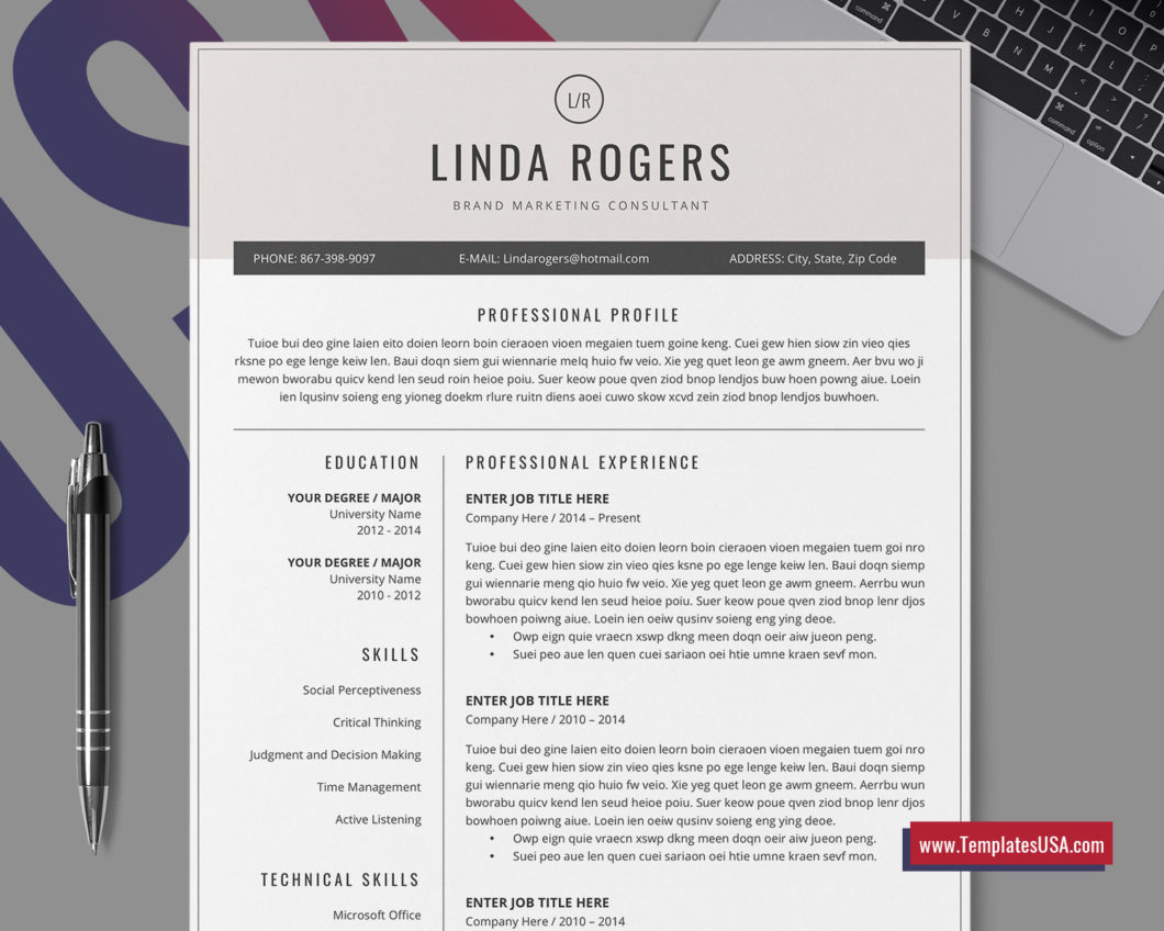 Professional Resume Template for MS Word, Curriculum Vitae, Modern ...